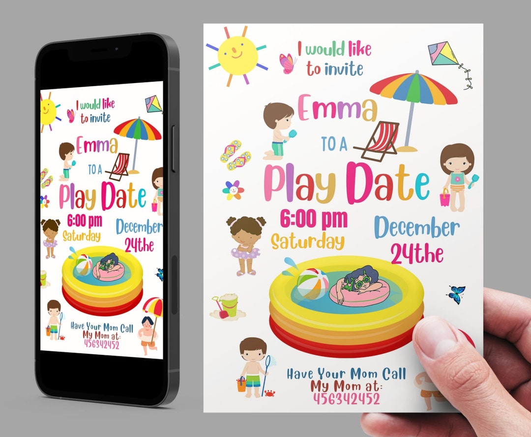 Summer Playdate Invitation, Let’s Play! Play Date Invitation Cards, Pool Party Invitation. Pool ...
