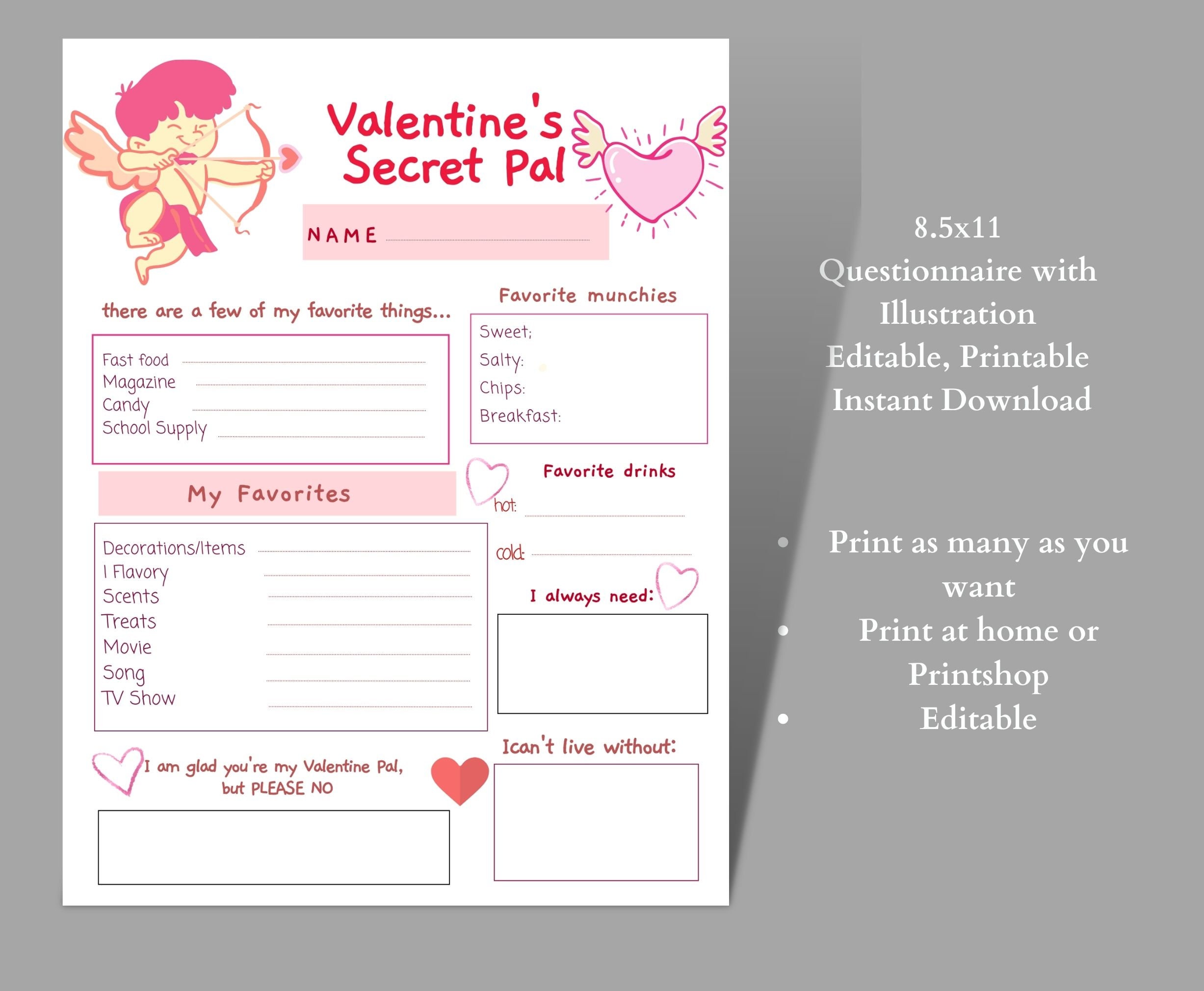 Valentine's Day Secret Pal Questionnaire, Printable Gift Exchange Wish ...
