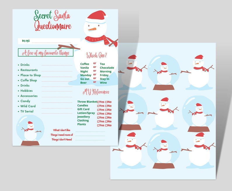 Secret Santa Questionnaire, Gift Exchange Printable Pdf,christmas Party ...