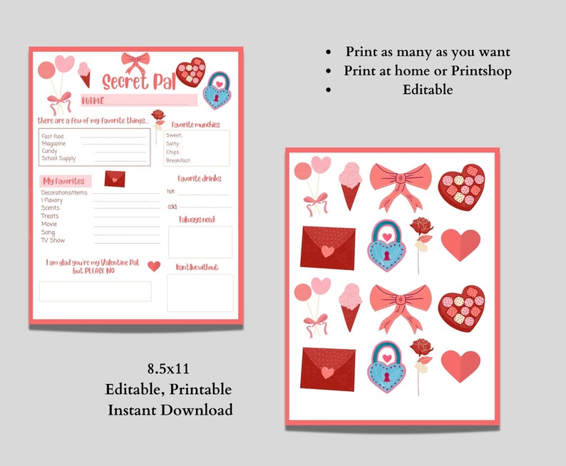 Valentine's Day Secret Pal Questionnaire, Printable Gift Exchange Wish ...
