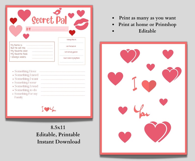 Valentine's Day Secret Pal Questionnaire, Printable Gift Exchange Wish ...