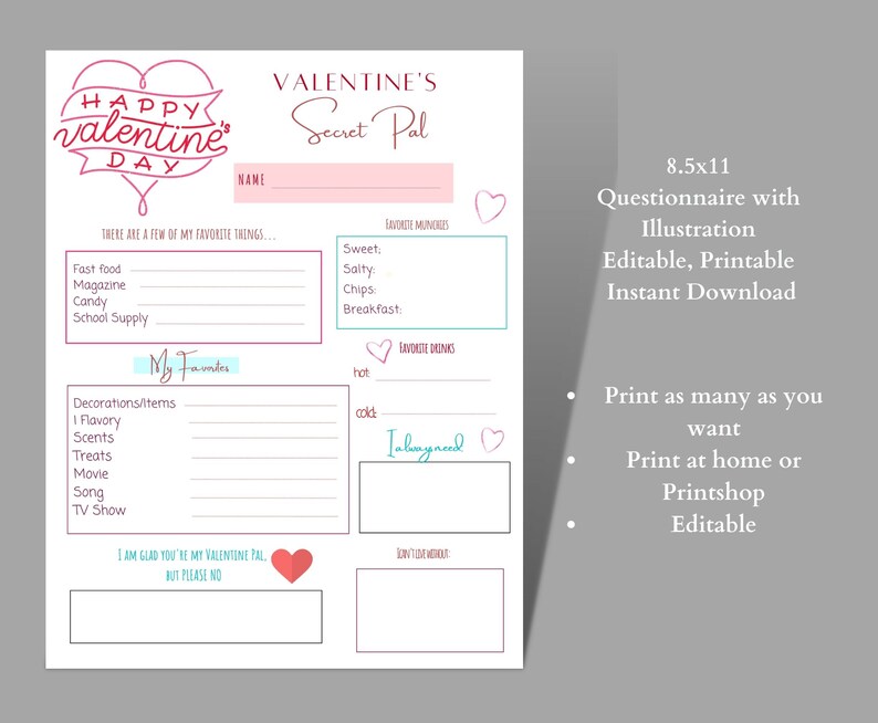 Valentine's Day Secret Pal Questionnaire Printable Gift - Etsy