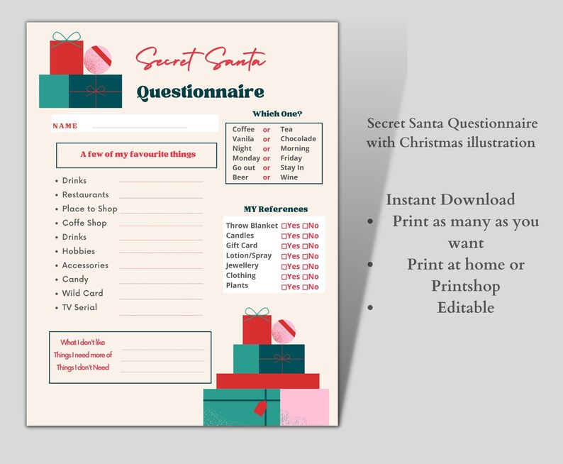 Secret Santa Questionnaire, Gift Exchange Printable PDF, Christmas ...