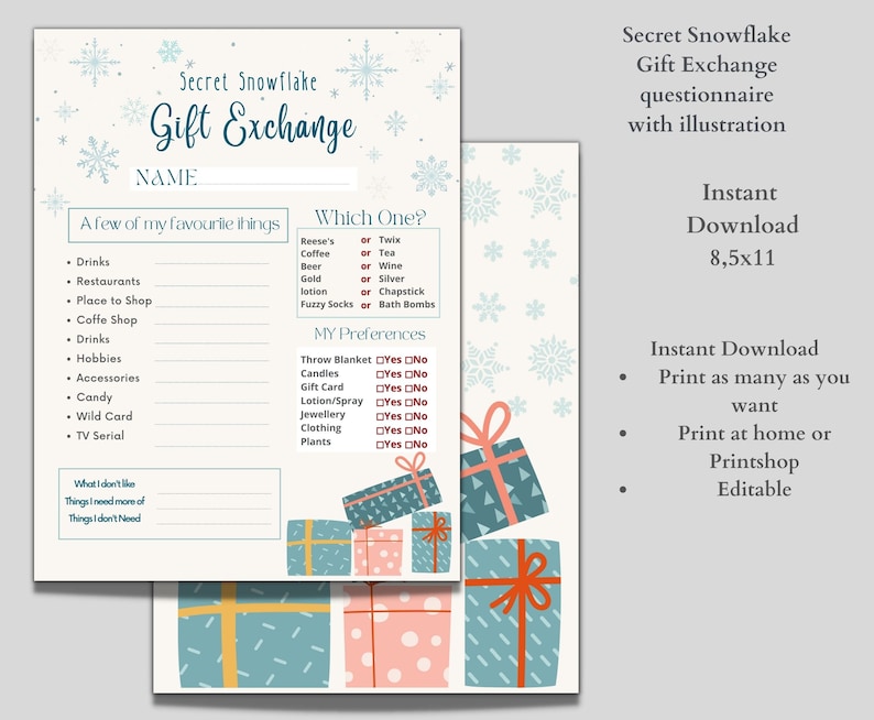 Secret Snowflake Gift Exchange Questionnaire, Secret Santa ...