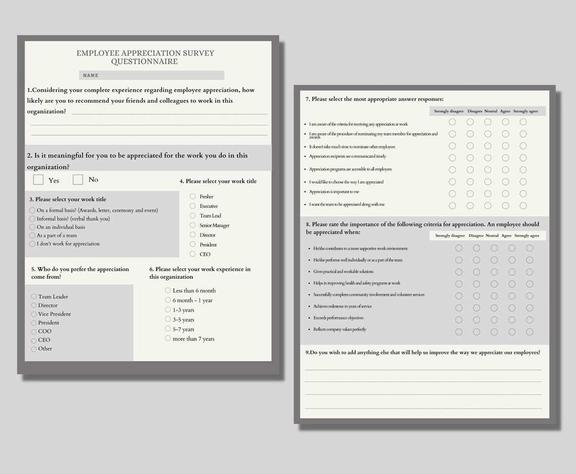 Employee Appreciation Survey Questionnaire Employee Evaluation Surveys ...