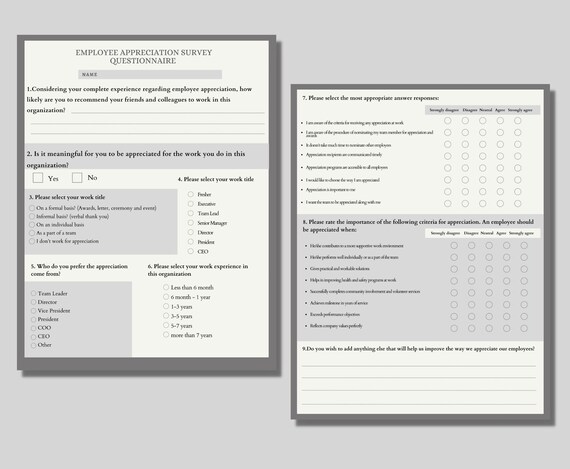 Employee Appreciation Survey Questionnaire Employee Evaluation - Etsy