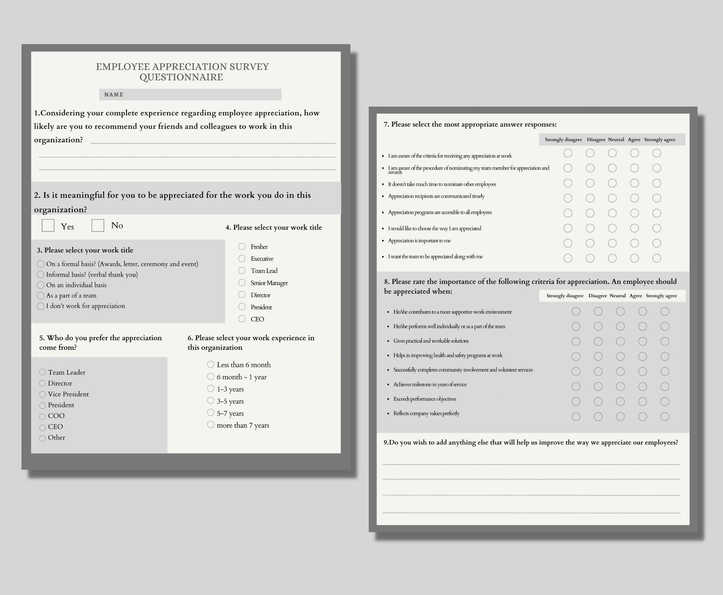 Employee Appreciation Survey Questionnaire Employee Evaluation Surveys ...
