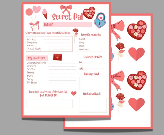 Valentine's Day Secret Pal Questionnaire Printable Gift | Etsy