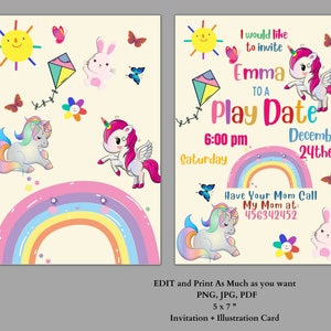 Playdate Invitation Template Editable Printable Playdate Card, Unicorn ...