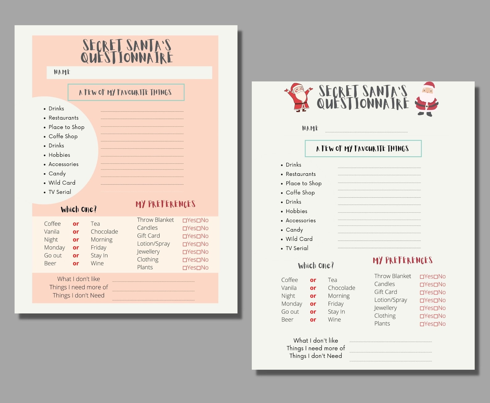 Secret Santa Questionnaire, Gift Exchange Printable Pdf,christmas Party ...