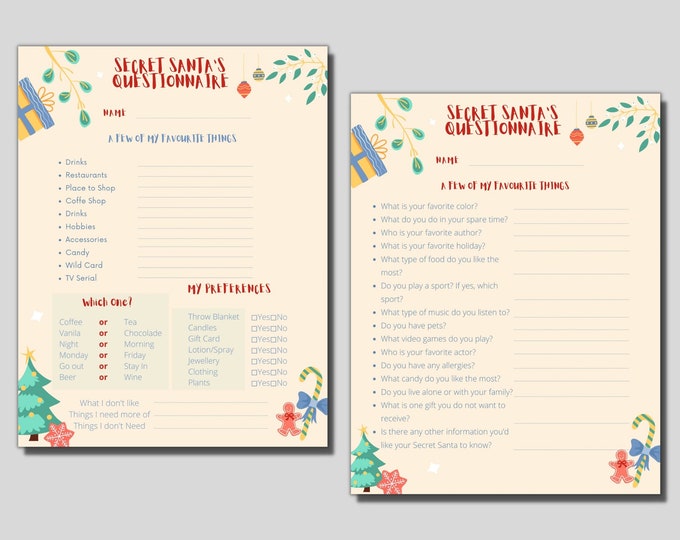 Secret Snowflake Gift Exchange Questionnaire, Secret Santa ...