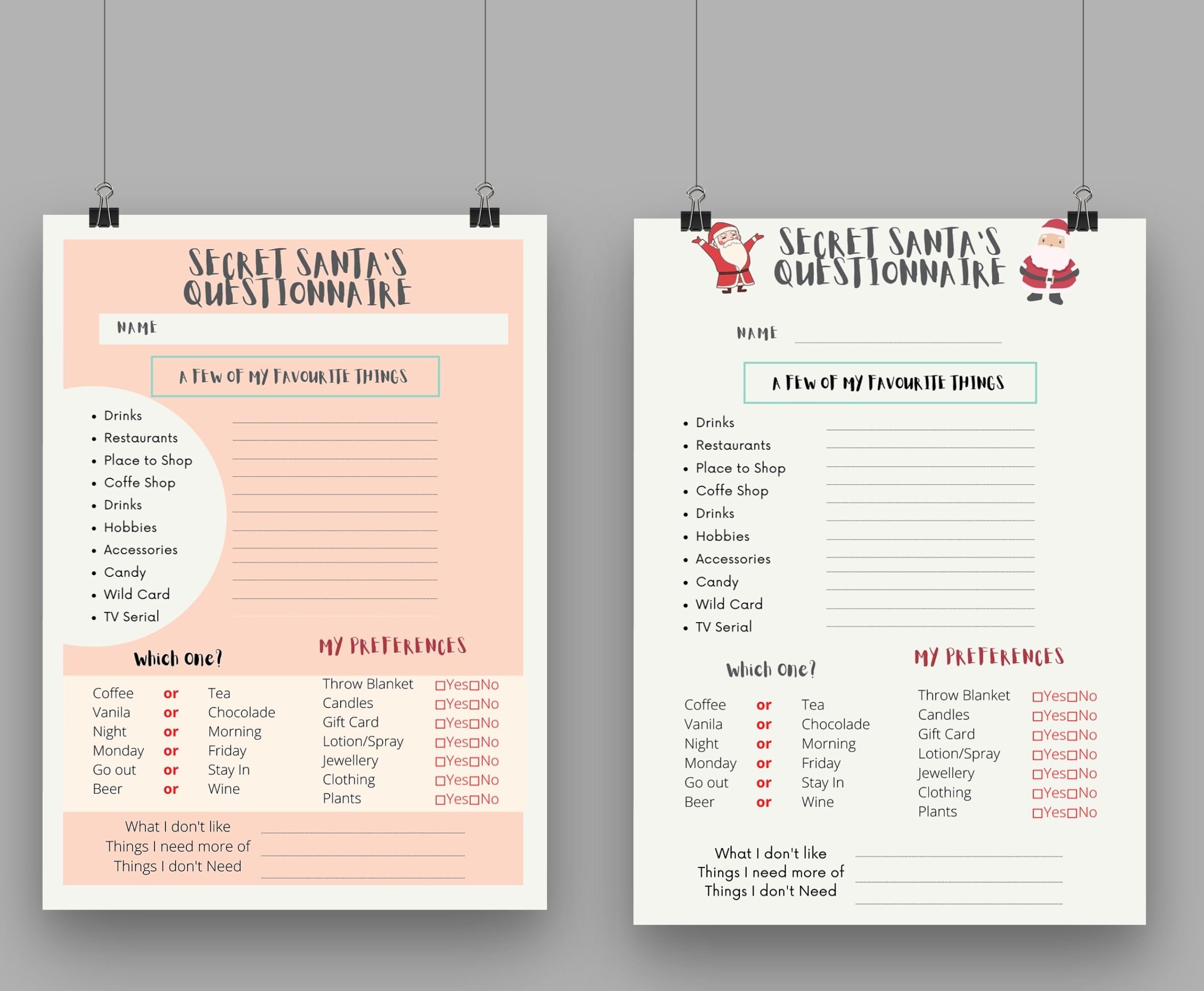 Secret Santa Questionnaire, Gift Exchange Printable Pdf,christmas Party ...