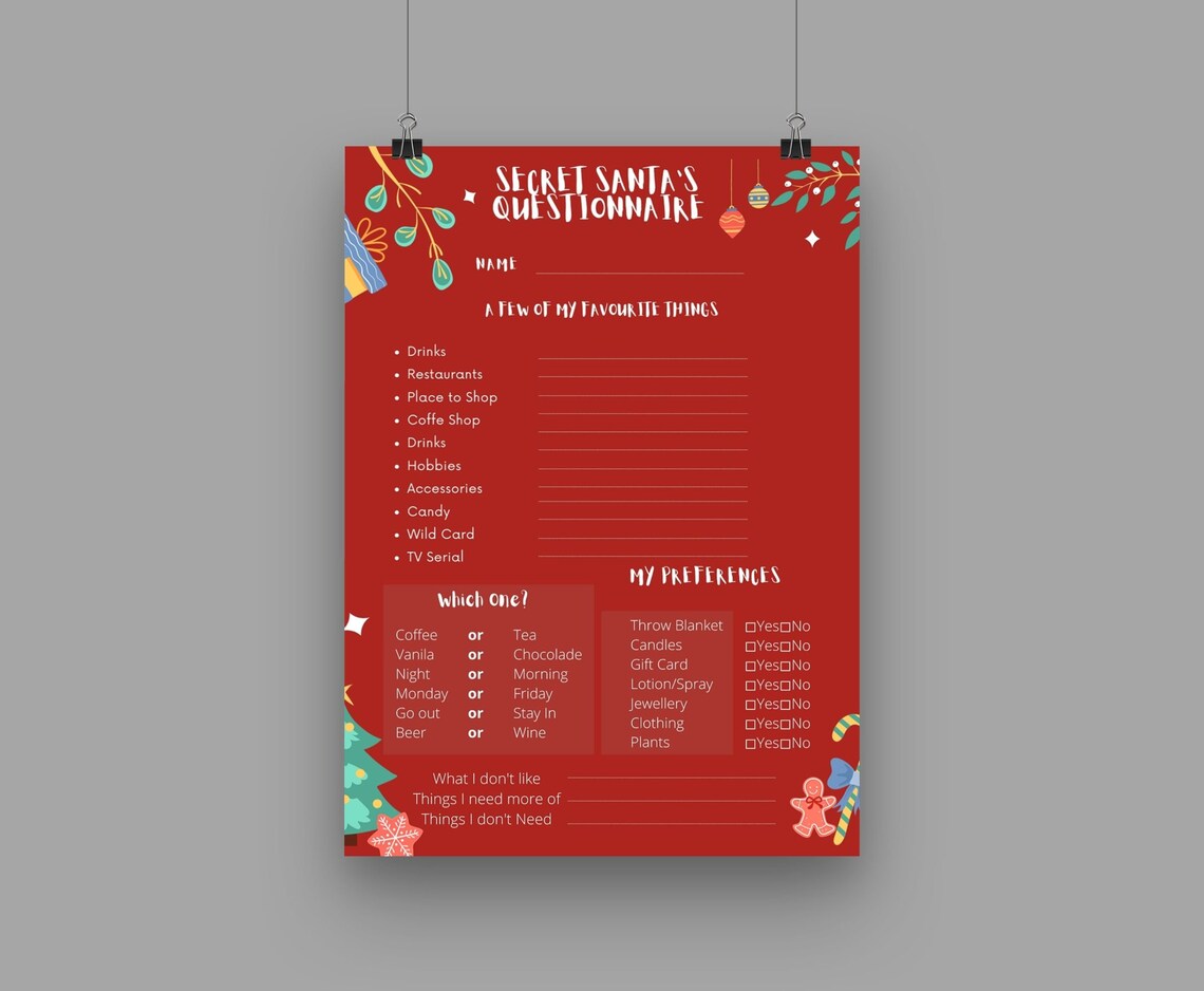 Secret Santa Questionnaire, Kids Secret Santa Questionnaire, Christmas ...