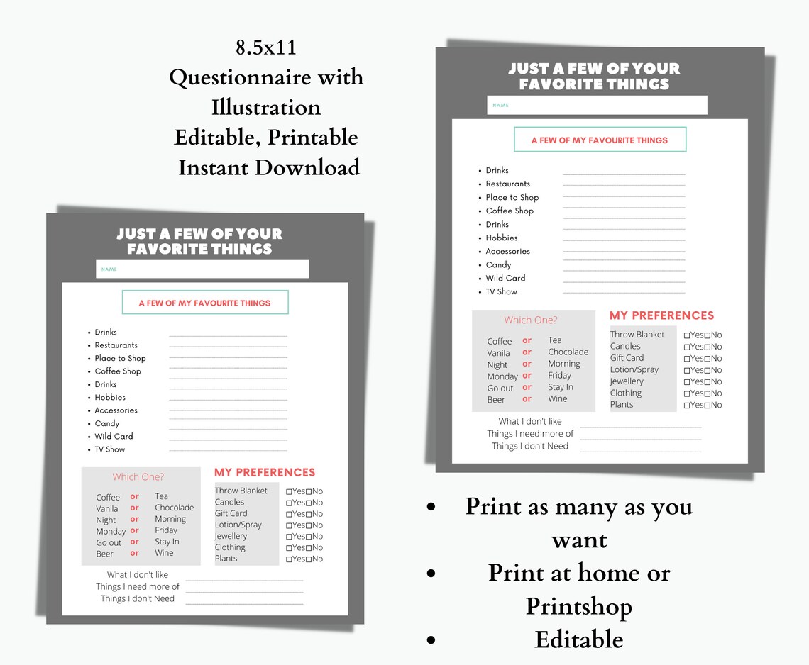 Employee Favorites List Questionnaire, Get to Know Employee, Employee ...