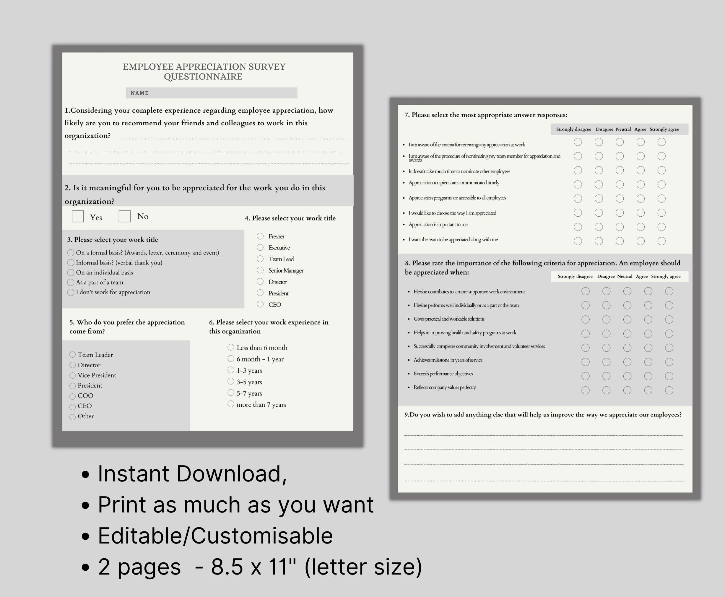 Employee Appreciation Survey Questionnaire Employee Evaluation Surveys ...
