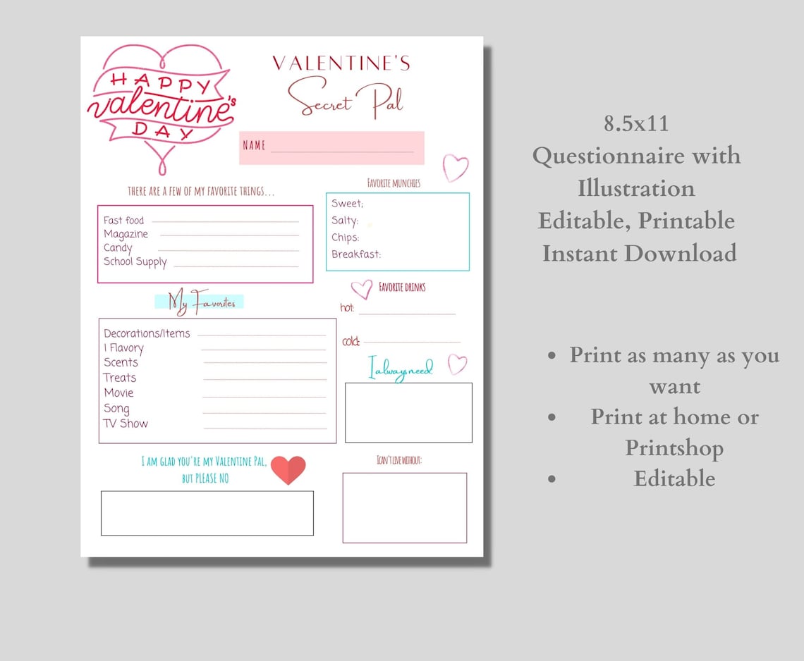 Valentine's Day Secret Pal Questionnaire, Printable Gift Exchange Wish ...