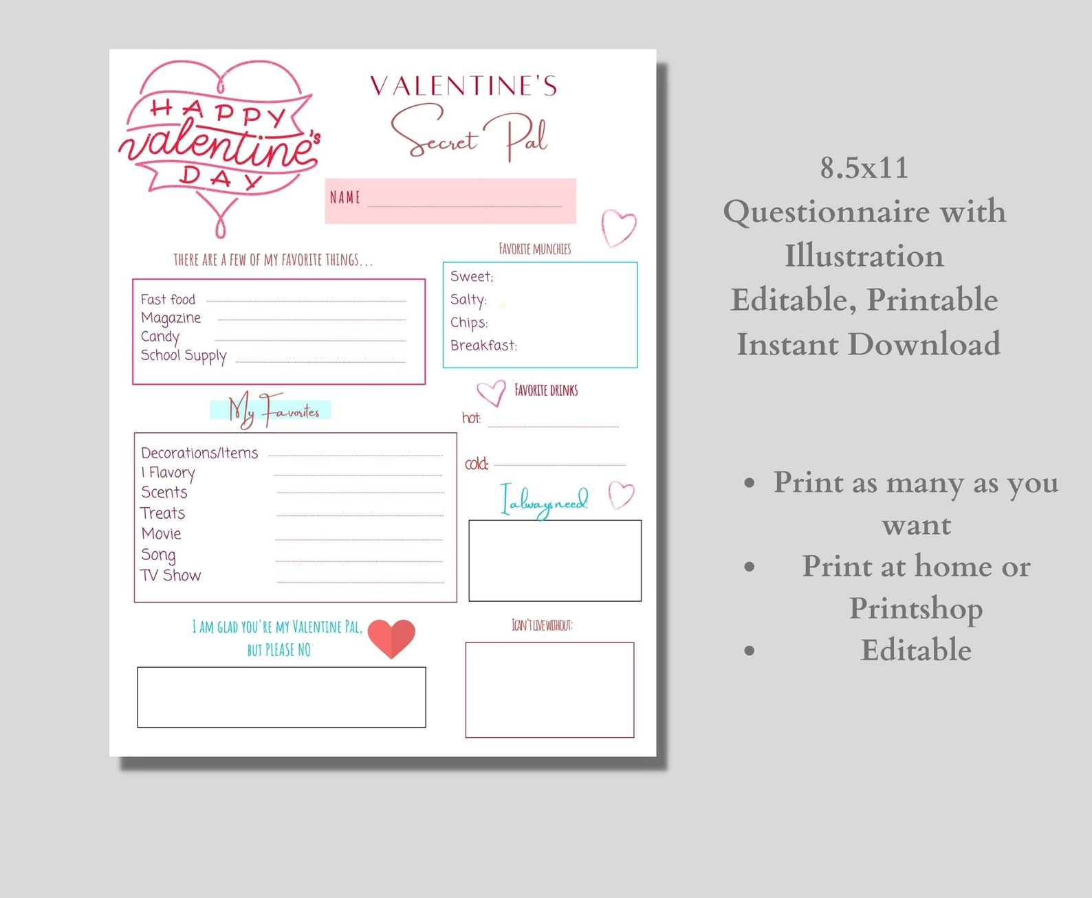 Valentine's Day Secret Pal Questionnaire, Printable Gift Exchange Wish ...