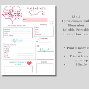 Valentine's Day Secret Pal Questionnaire, Printable Gift Exchange Wish ...