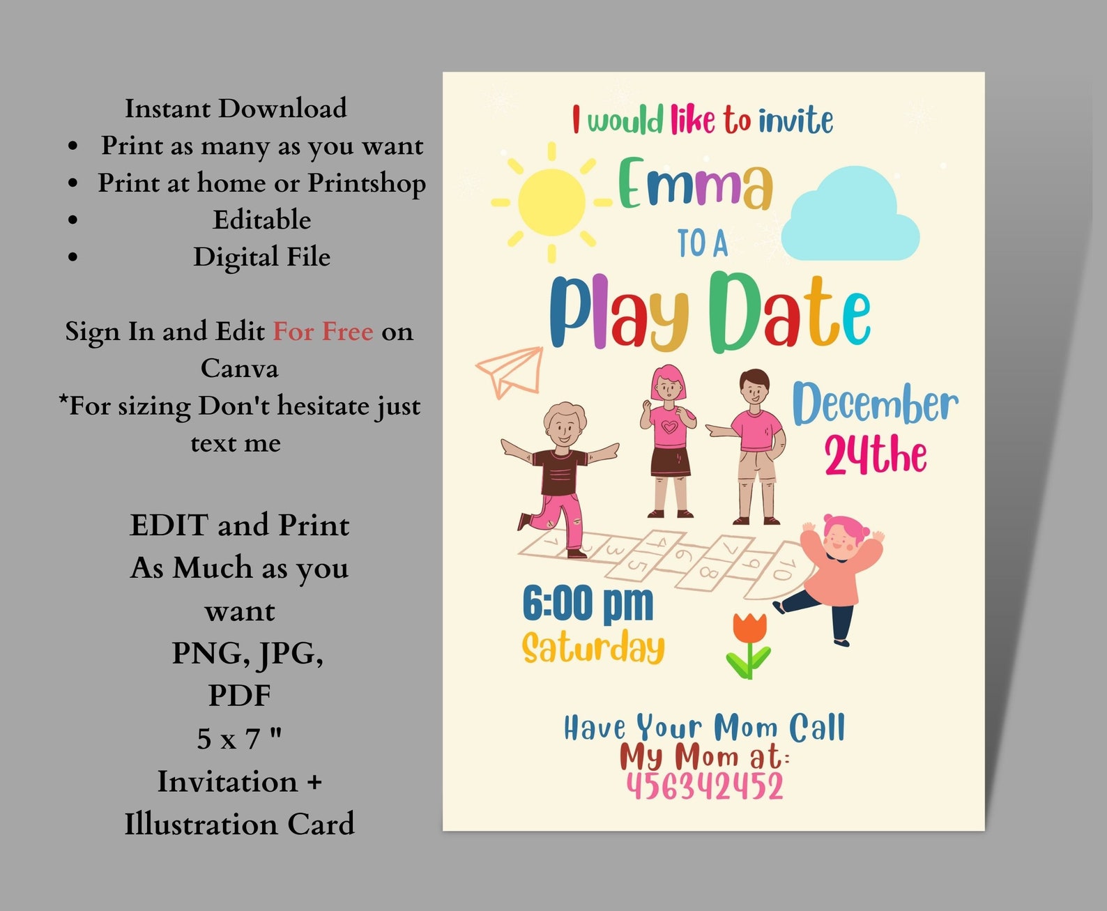 Editable Printable Playdate Card Kids Playdate Card Template ...