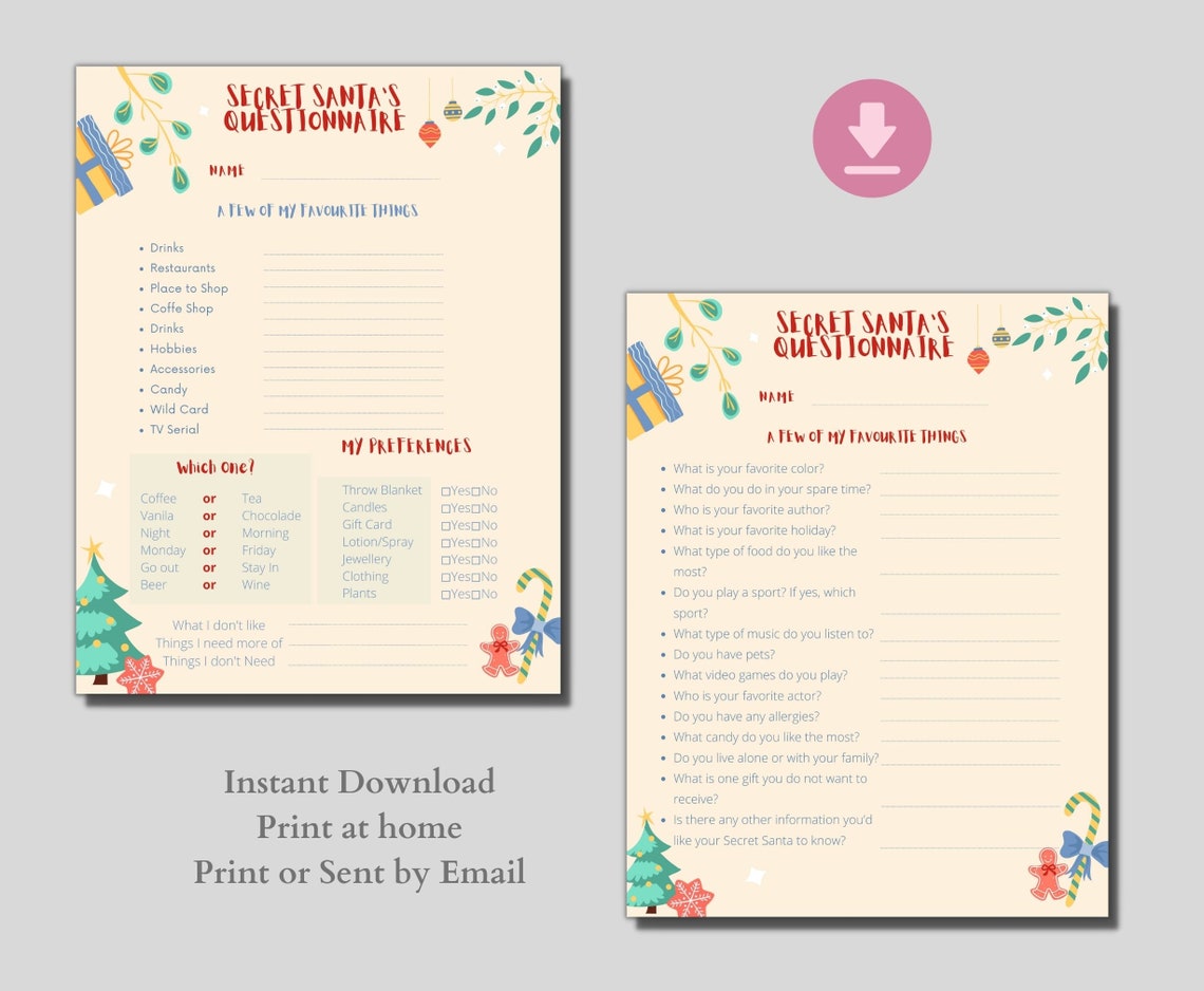 Secret Santa Questionnaire, Gift Exchange Printable PDF, Christmas ...
