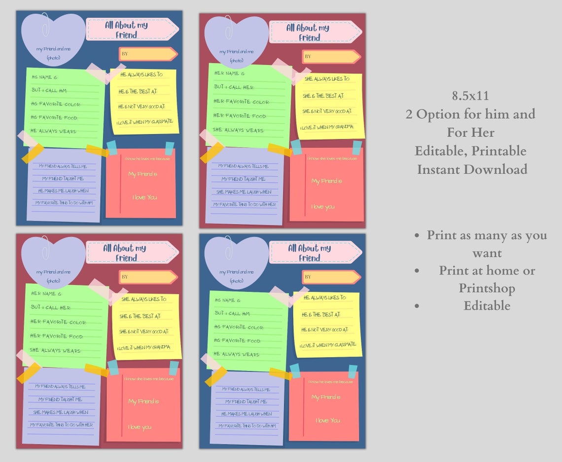 All About My Best Friend Worksheet Editable My All Friends - Etsy