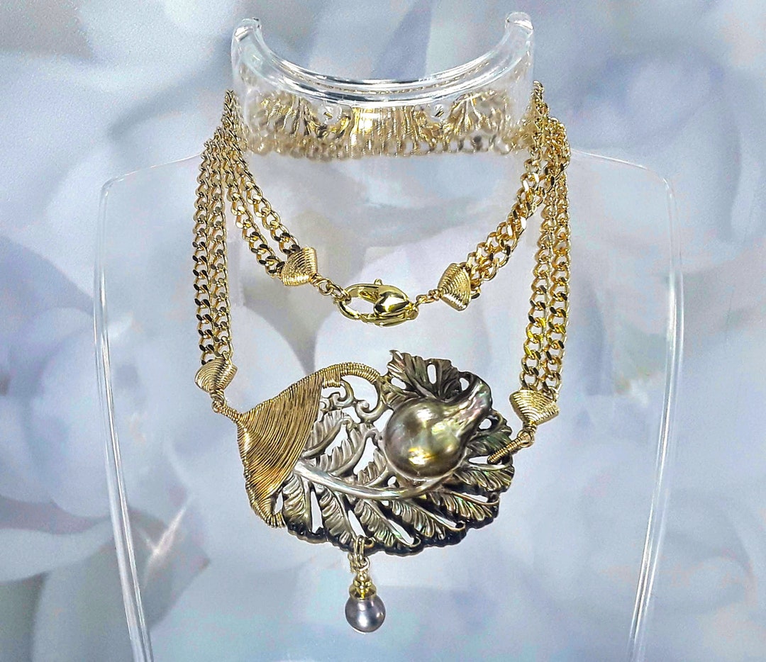 Natural Mabé Pearl and Gold Necklace/unique Statement Handmade Art ...