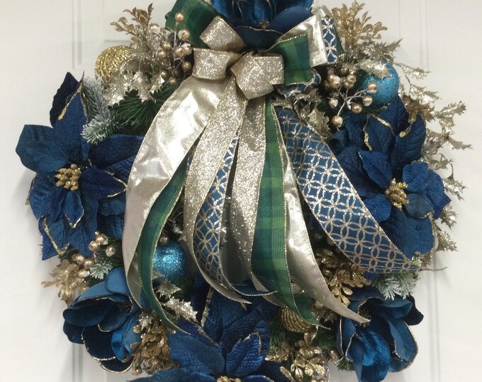 Christmas Wreath, Blue Poinsettia Christmas Wreath, Holiday Wreath ...