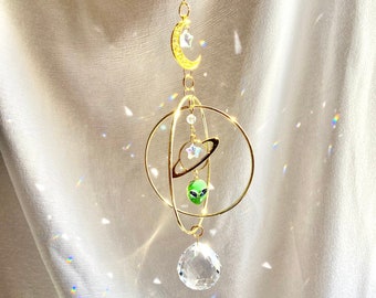 RHINESTONE ALIEN UFO Suncatcher Crystal Prism Rainbow Space Saturn ...