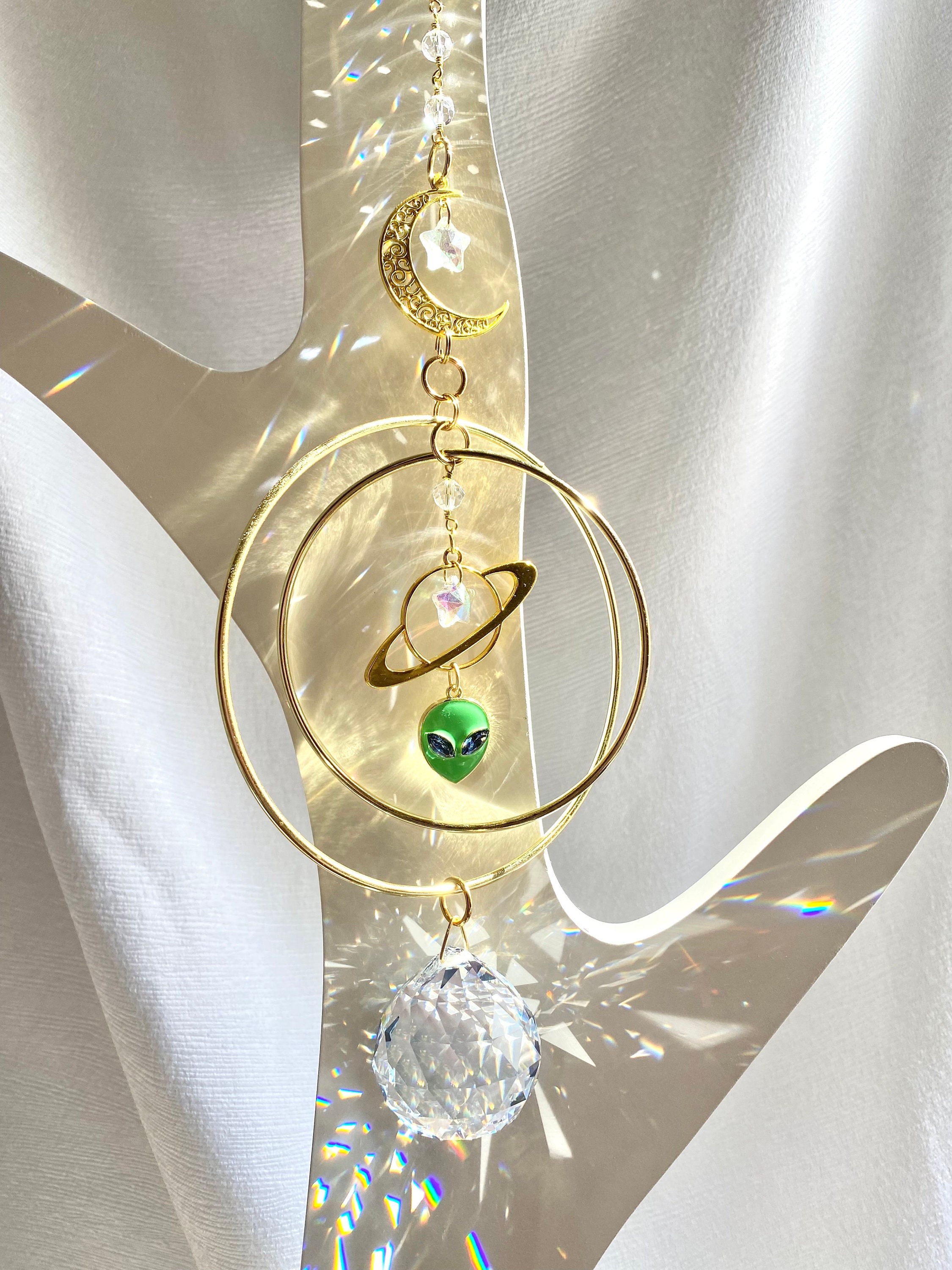 RHINESTONE ALIEN Suncatcher Crystal Prism Ball Rainbow UFO Space Saturn ...