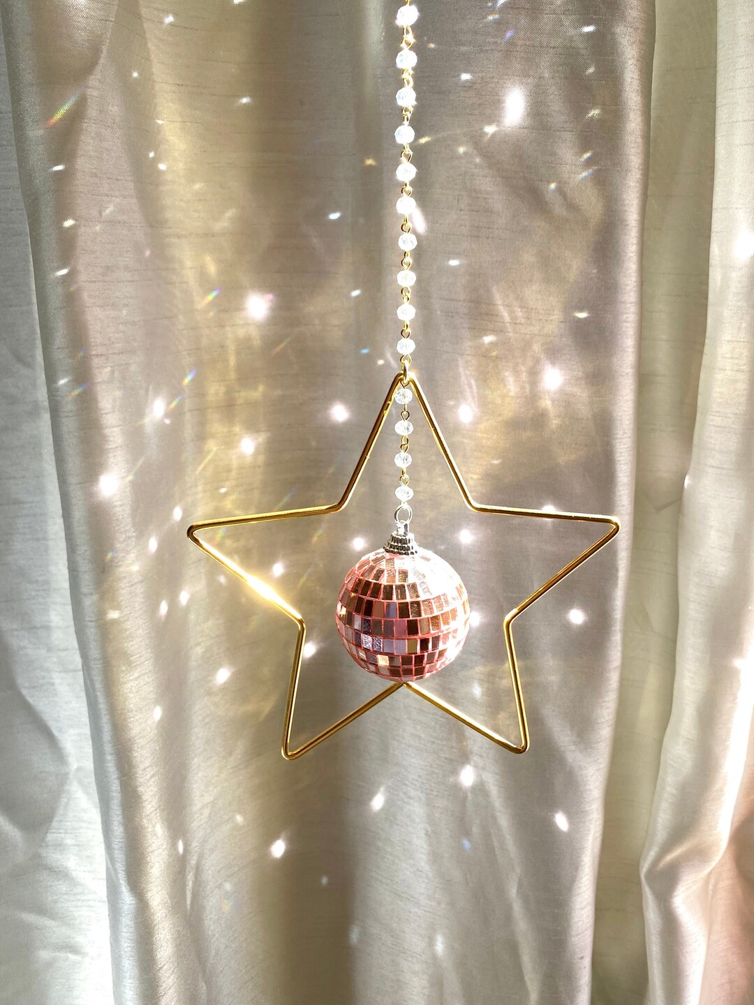 PINK STARRY DISCO Ball Suncatcher Crystal Mirror Ball Wedding Rainbow ...