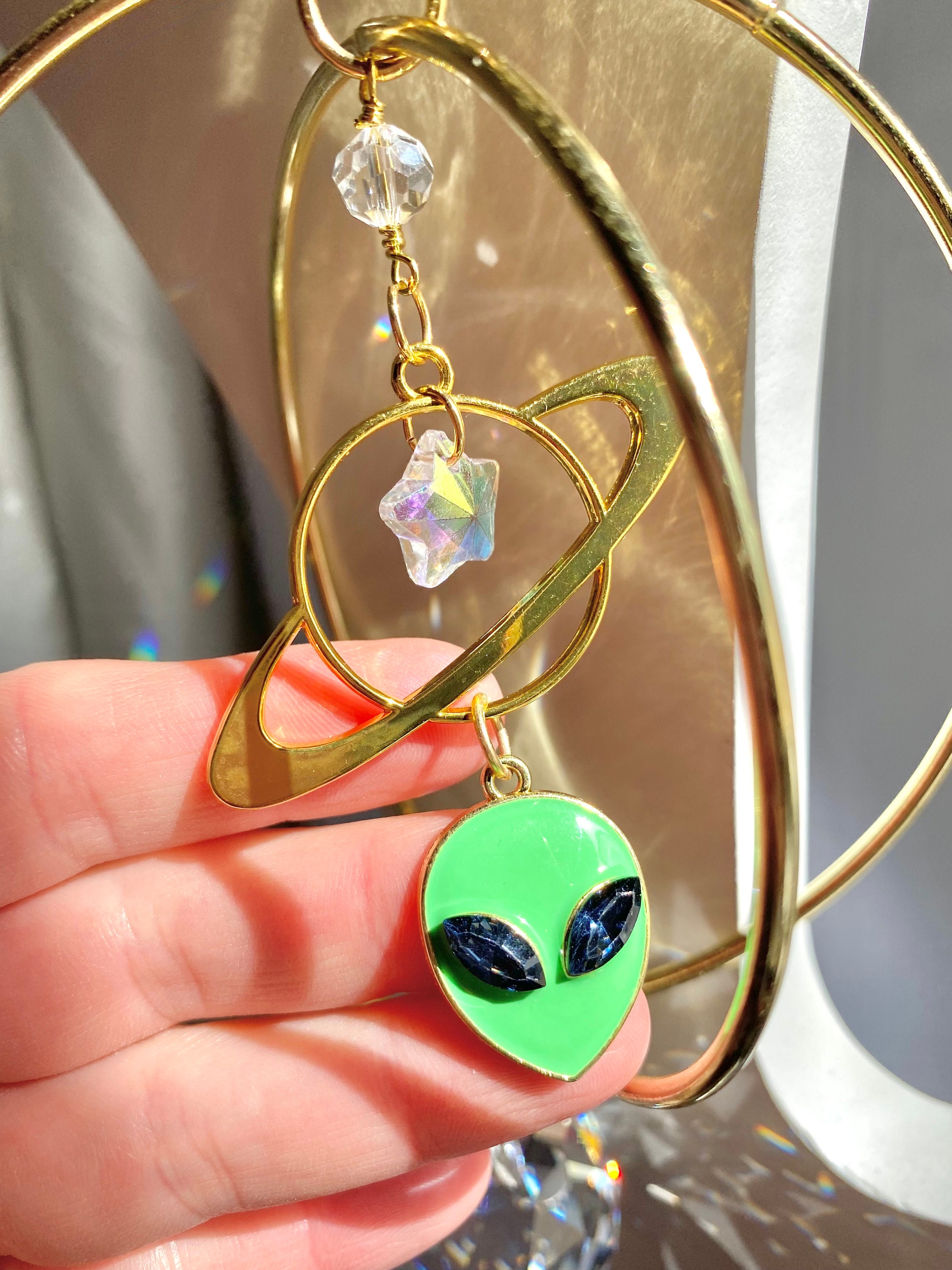 RHINESTONE ALIEN Suncatcher Crystal Prism Ball Rainbow UFO Space Saturn ...