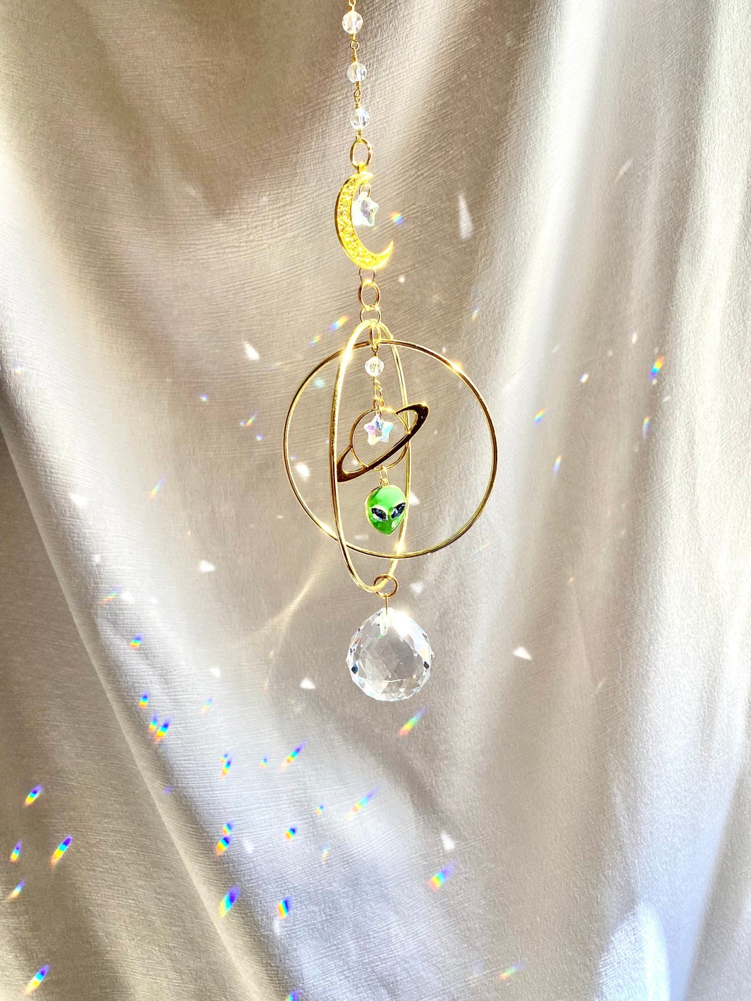RHINESTONE ALIEN Suncatcher Crystal Prism Ball Rainbow UFO Space Saturn ...