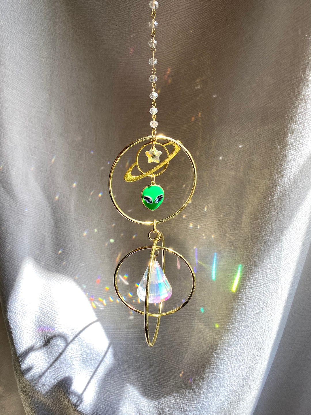 RHINESTONE ALIEN UFO Suncatcher Crystal Prism Rainbow Space Saturn ...
