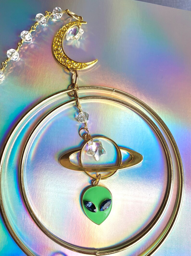 RHINESTONE ALIEN Suncatcher Crystal Prism Ball Rainbow UFO Space Saturn ...