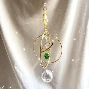 RHINESTONE ALIEN Suncatcher Crystal Prism Ball Rainbow UFO Space Saturn ...