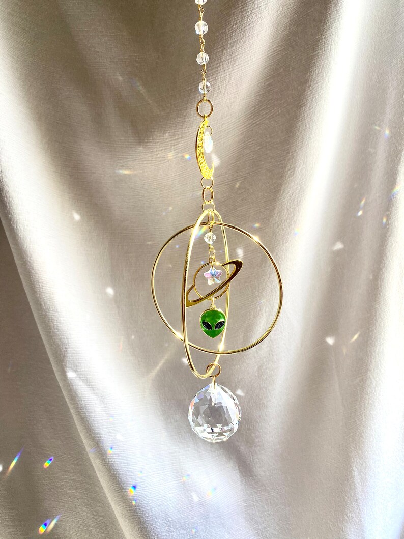 RHINESTONE ALIEN Suncatcher Crystal Prism Ball Rainbow UFO Space Saturn ...