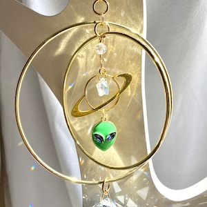 RHINESTONE ALIEN Suncatcher Crystal Prism Ball Rainbow UFO Space Saturn ...