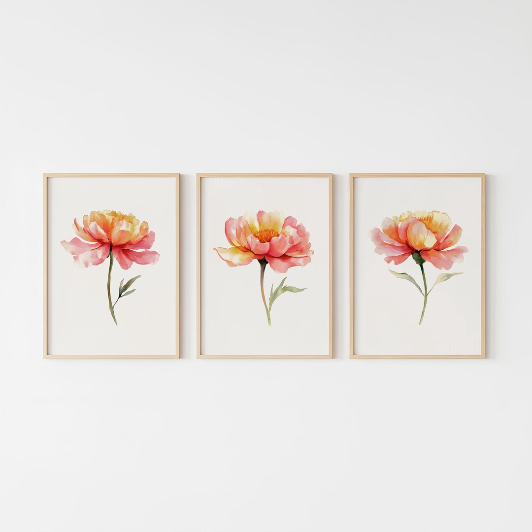 Peach Peony Set of 3 Prints, Watercolor Botanical Bedroom Decor, Floral ...