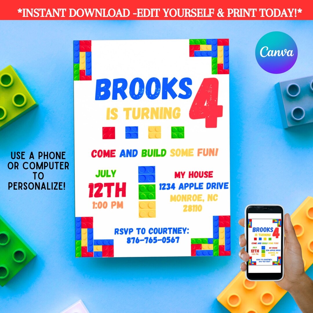 Building Blocks Birthday Invitation Building Bricks Kids Birthday Party ...