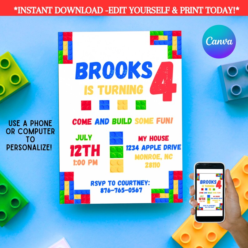 Building Blocks Birthday Invitation Building Bricks Kids Birthday Party ...