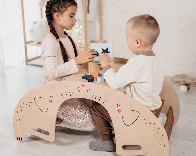 Kids Study Desk and Seesaw, Toddler Table Chair Set, Wooden Rocking ...