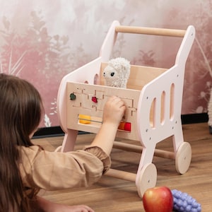 Kids Wooden Toy Shopping Cart on Wheels With Activity Board, Baby ...