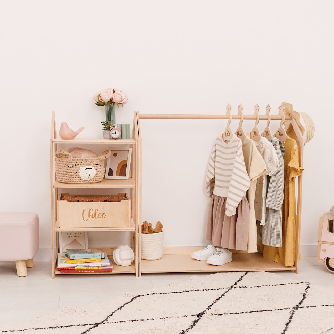 Wooden Clothing Rack With Shelf and Custom Hangers, Wardrobe for Kids ...