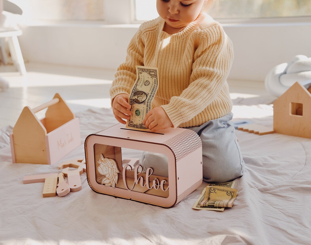 Custom Piggy Bank for Kids as Baby Shower Gift Idea Wooden Cash Box ...