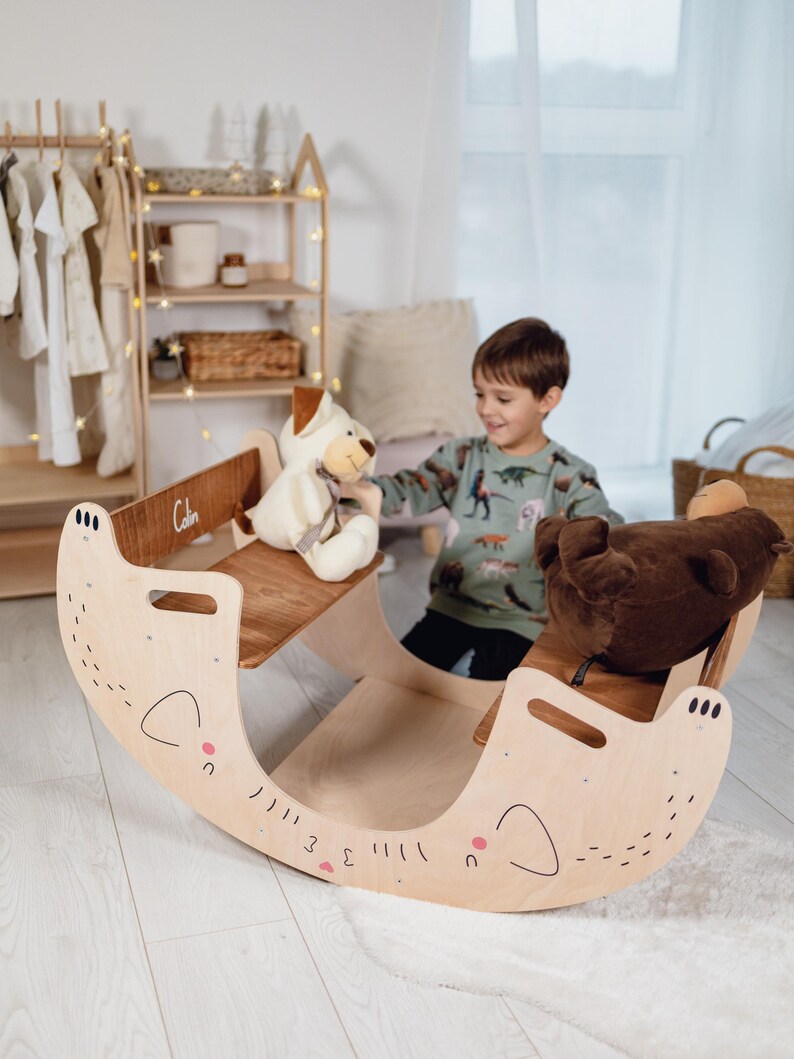 Kids Study Desk and Seesaw, Toddler Table Chair Set, Wooden Rocking ...