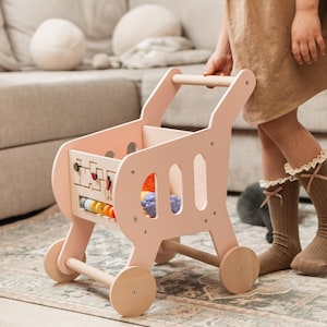 Kids Wooden Toy Shopping Cart on Wheels With Activity Board, Baby ...
