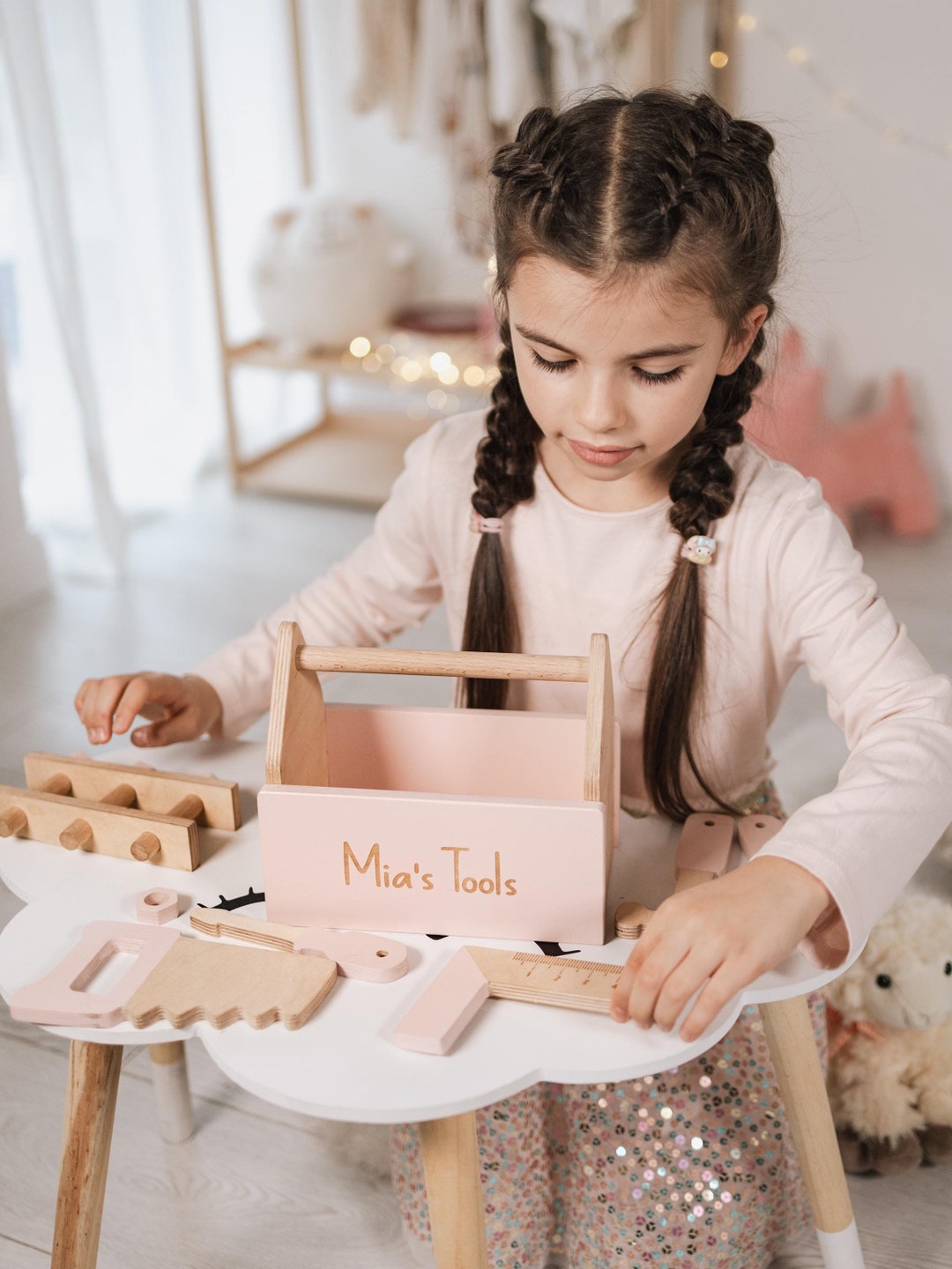 Wooden Kids Kit Tool Toys, Cute Toddler Educational Gift, Pastel Pink ...