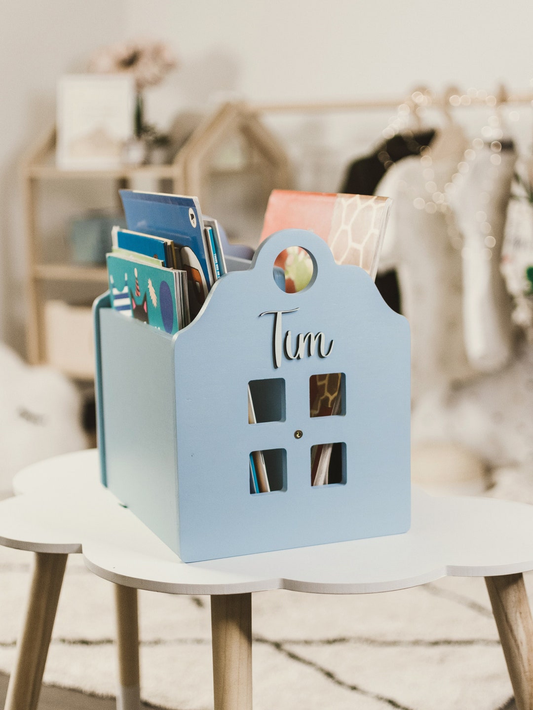 Personalized Portable Wooden Book Storage Pastel Decor for Nursery Book ...