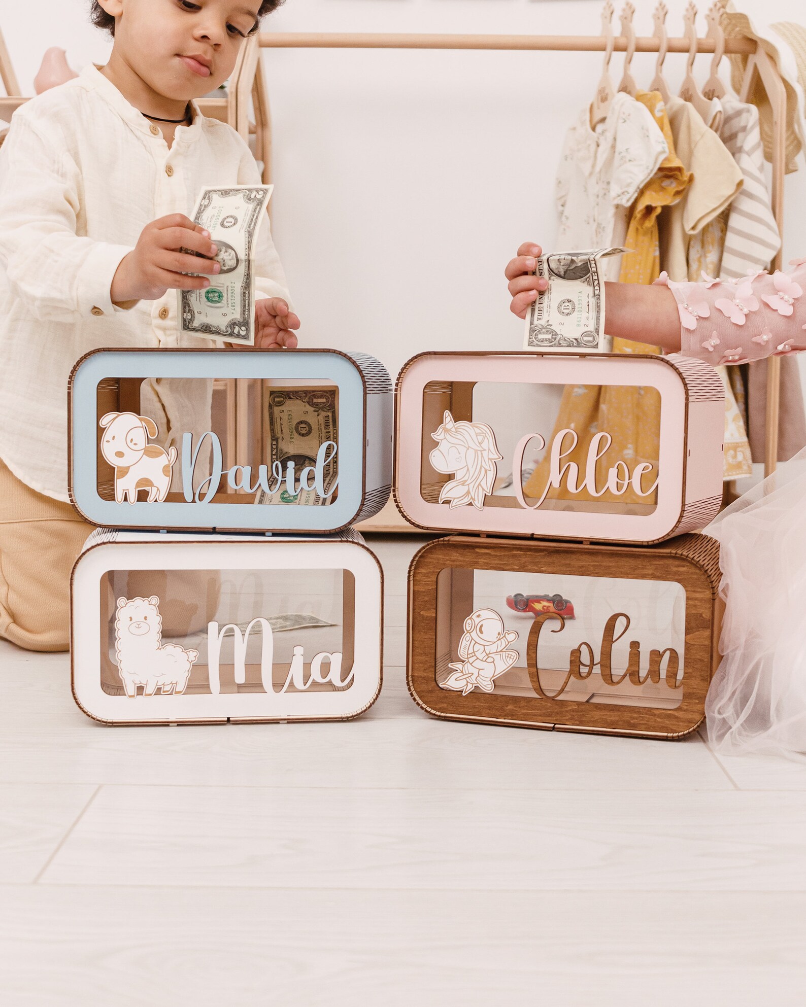 Custom Piggy Bank for Kids as Baby Shower Gift Idea Wooden Cash Box ...