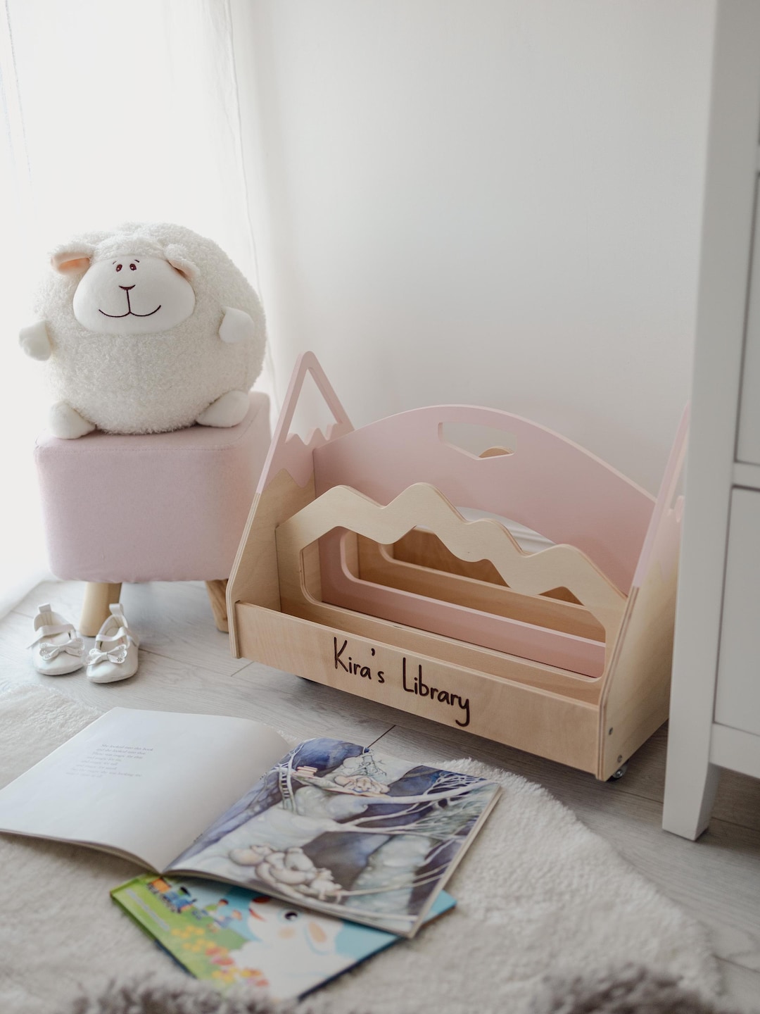 Wood Bookcase for Kids Mountain Shape Toddler Display Bookshelf Nursery ...